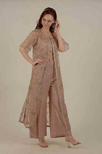 Buy Rina Dhaka Pink Organza Embroidered Jacket And Pant Set Online ...