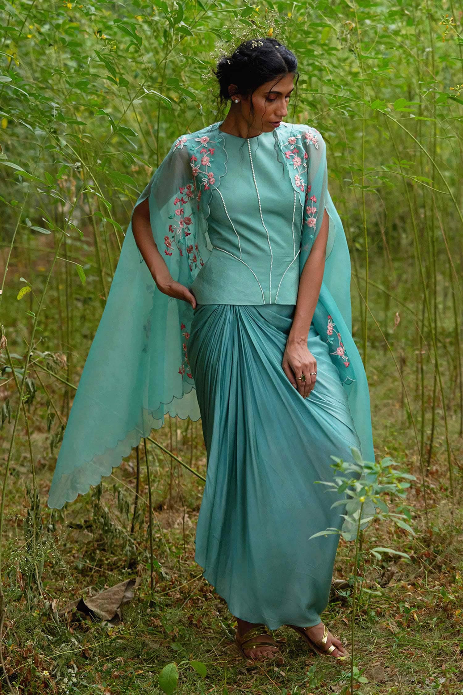 Buy Blue Organza Round Cape And Skirt Set For Women by Incheetape ...