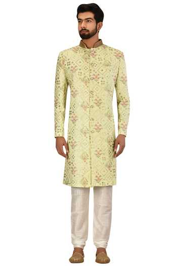 Buy Aryavir Malhotra Green Blended Silk Embroidered Sherwani Set Online ...
