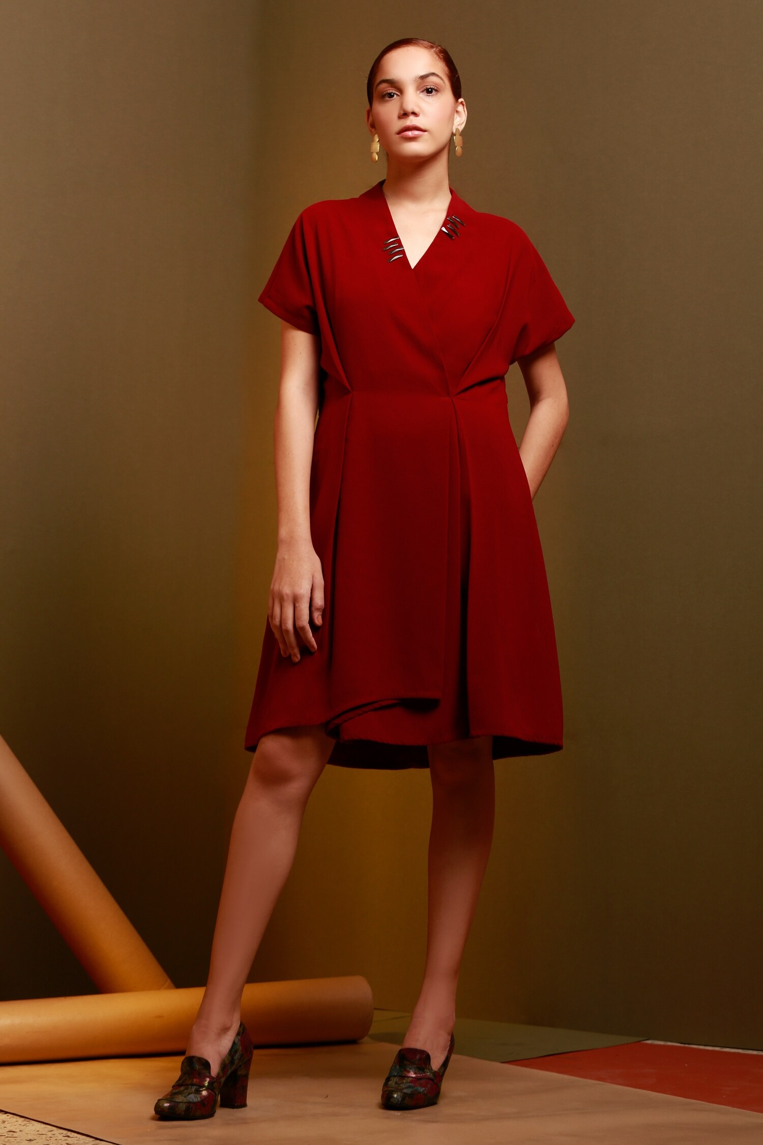 Buy Red Moss Crepe Plain V Neck Overlap Dress For Women by House of ...