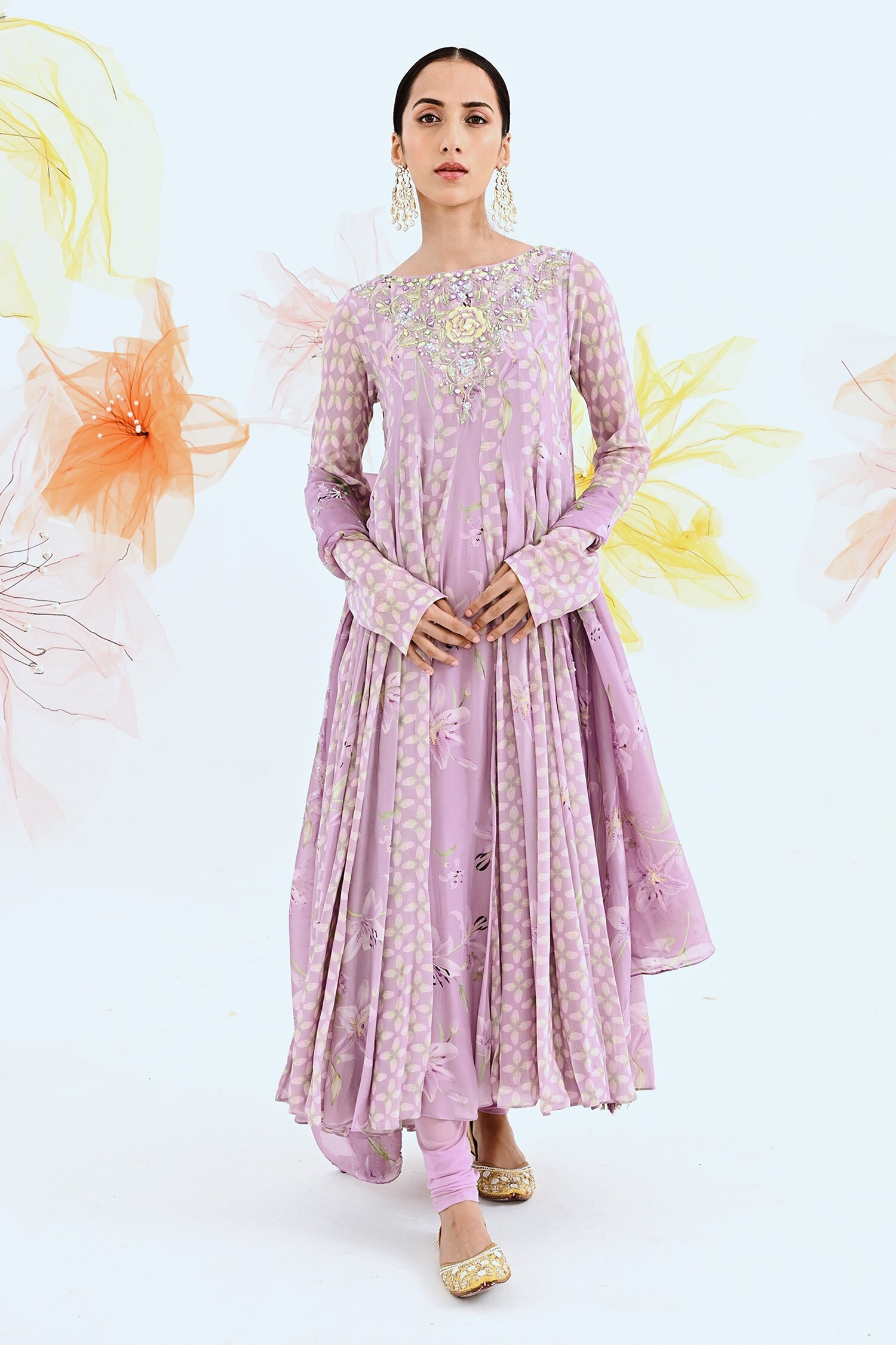 Buy Neha Chopra Tandon Purple Crepe Floral Pattern Anarkali Set Online ...