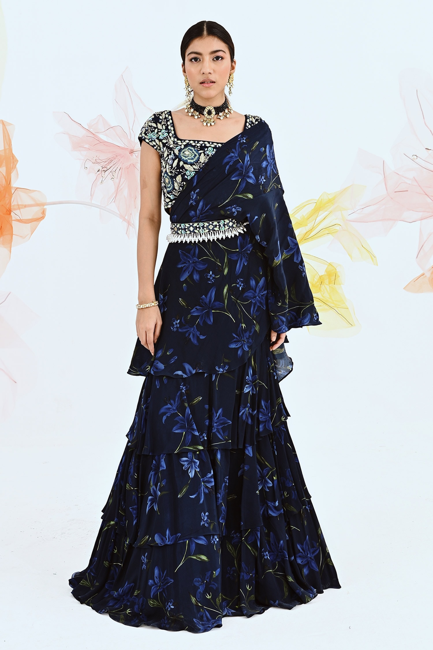 Buy Neha Chopra Tandon Blue Shantoon Ruffled Lehenga Saree With Blouse