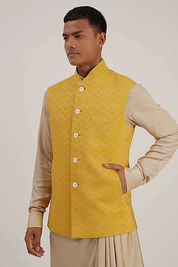 Buy Yellow Cotton Silk Embroidered Zig Zag Jawahar Jacket For Men by ...