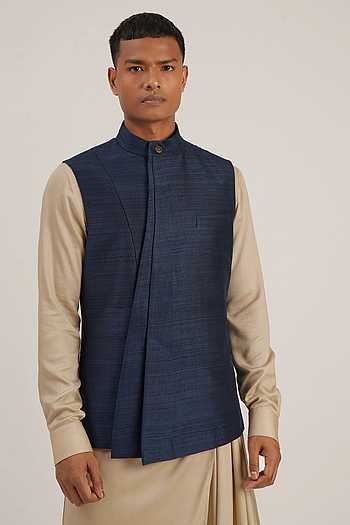 Buy Blue Raw Silk Plain Jawahar Jacket For Men by Dhruv Vaish Online at ...