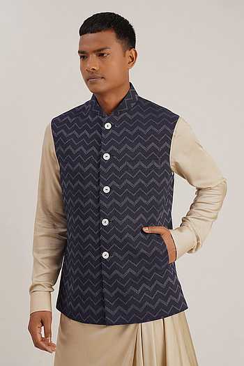 Buy Blue Cotton Silk Embroidered Zig Zag Jawahar Jacket For Men by ...