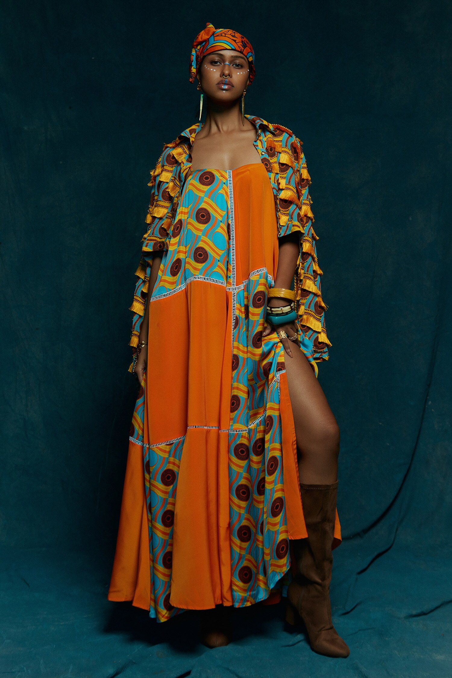 Buy Blue French Crepe Wheel Motifs Scoop Neck Panel Dress For Women by ...