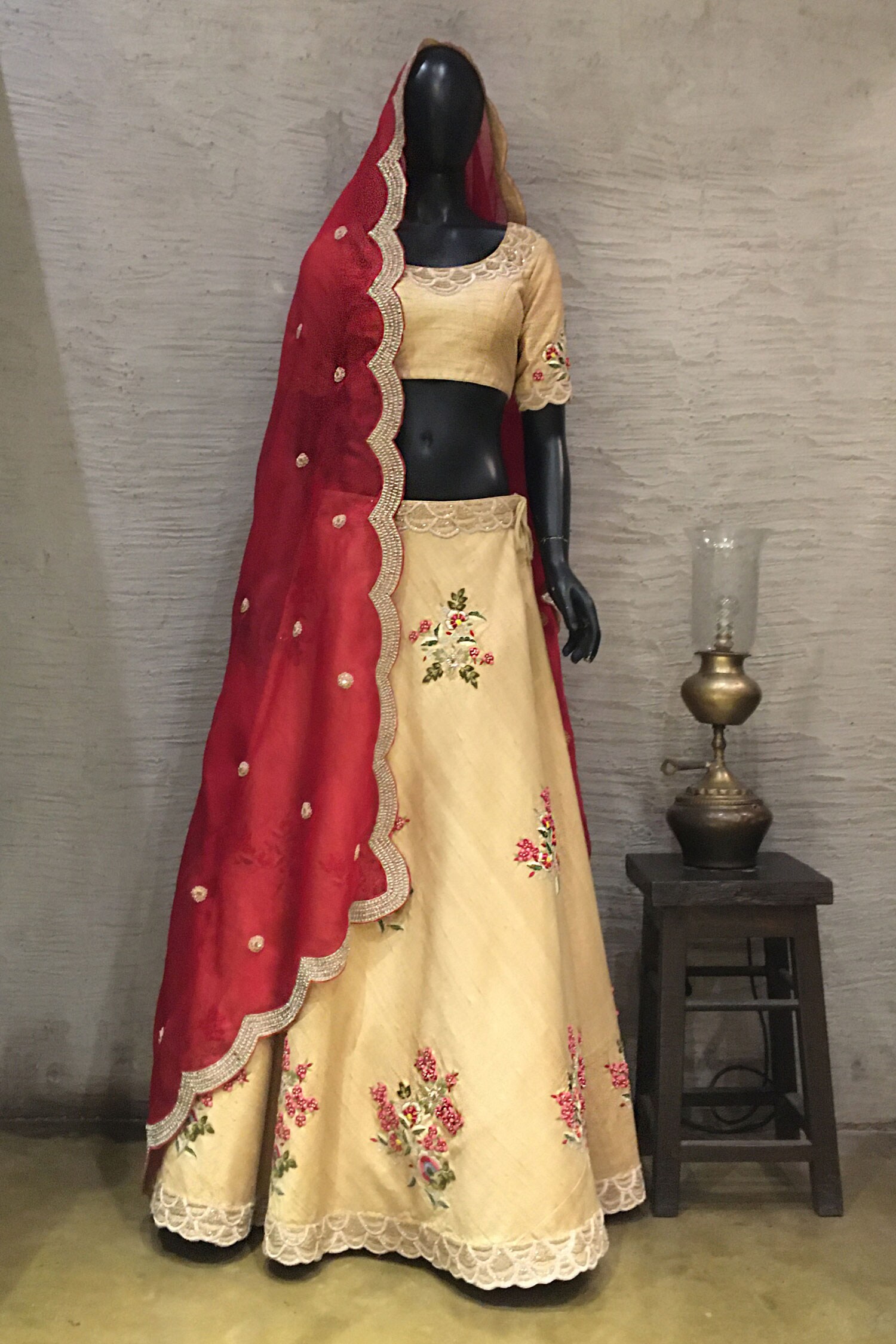 Buy Ekru Beige Embroidered Raw Silk Lehenga Set Online | Aza Fashions