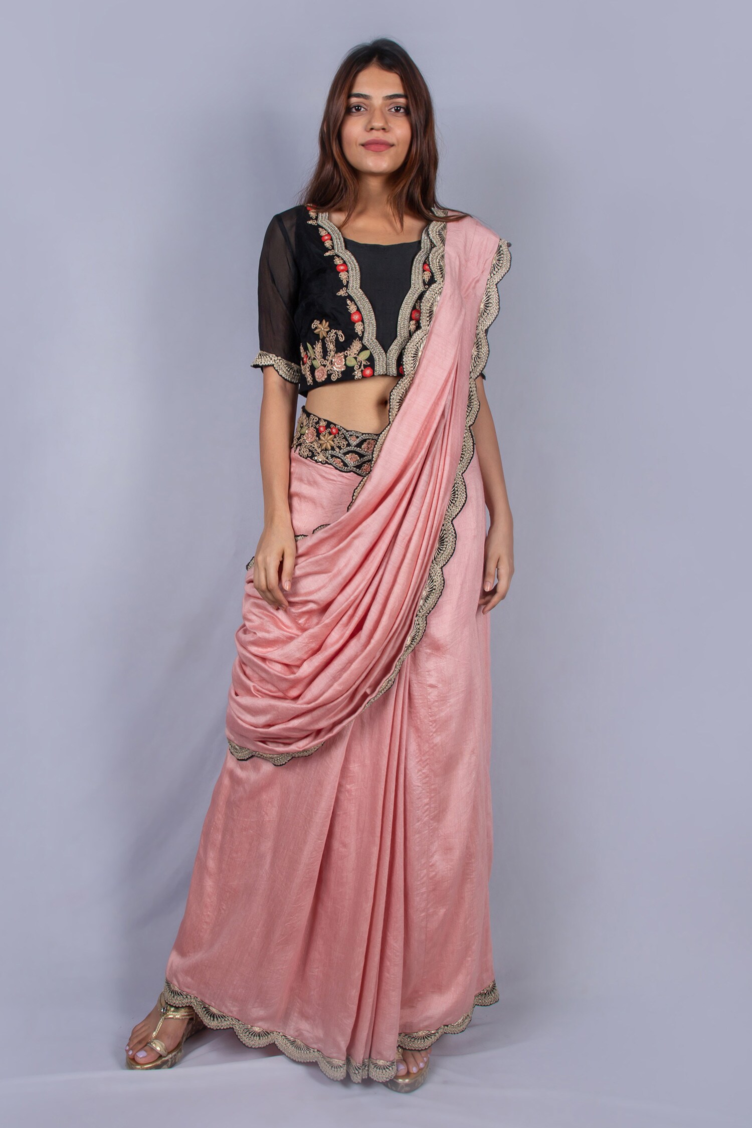 Buy Pink Organza Inner: Round; Top: V Neck Pre-draped Saree With Blouse ...