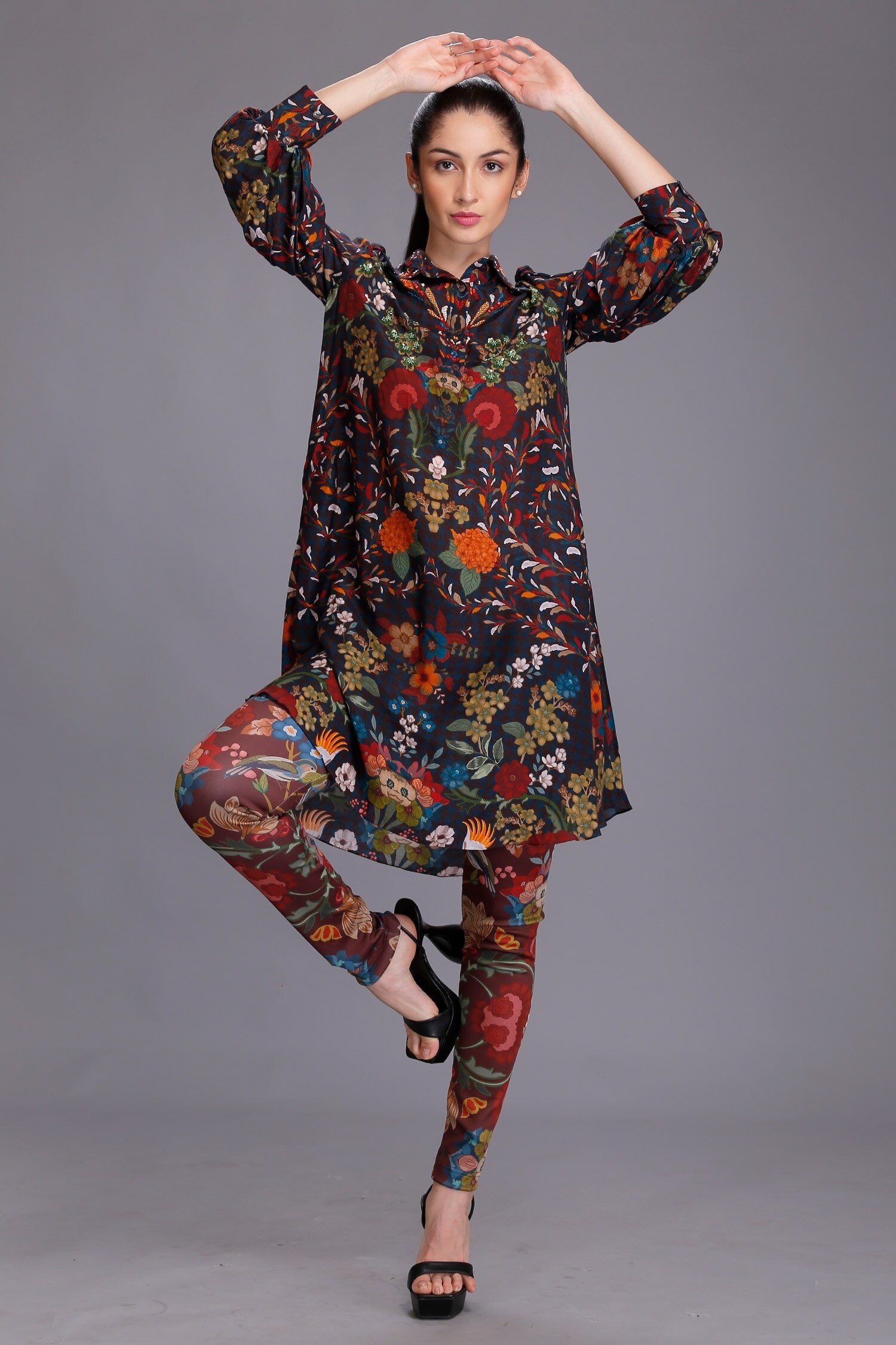 Buy Alpona Designs Multi Color Cotton Silk Floral Print Shirt Tunic ...