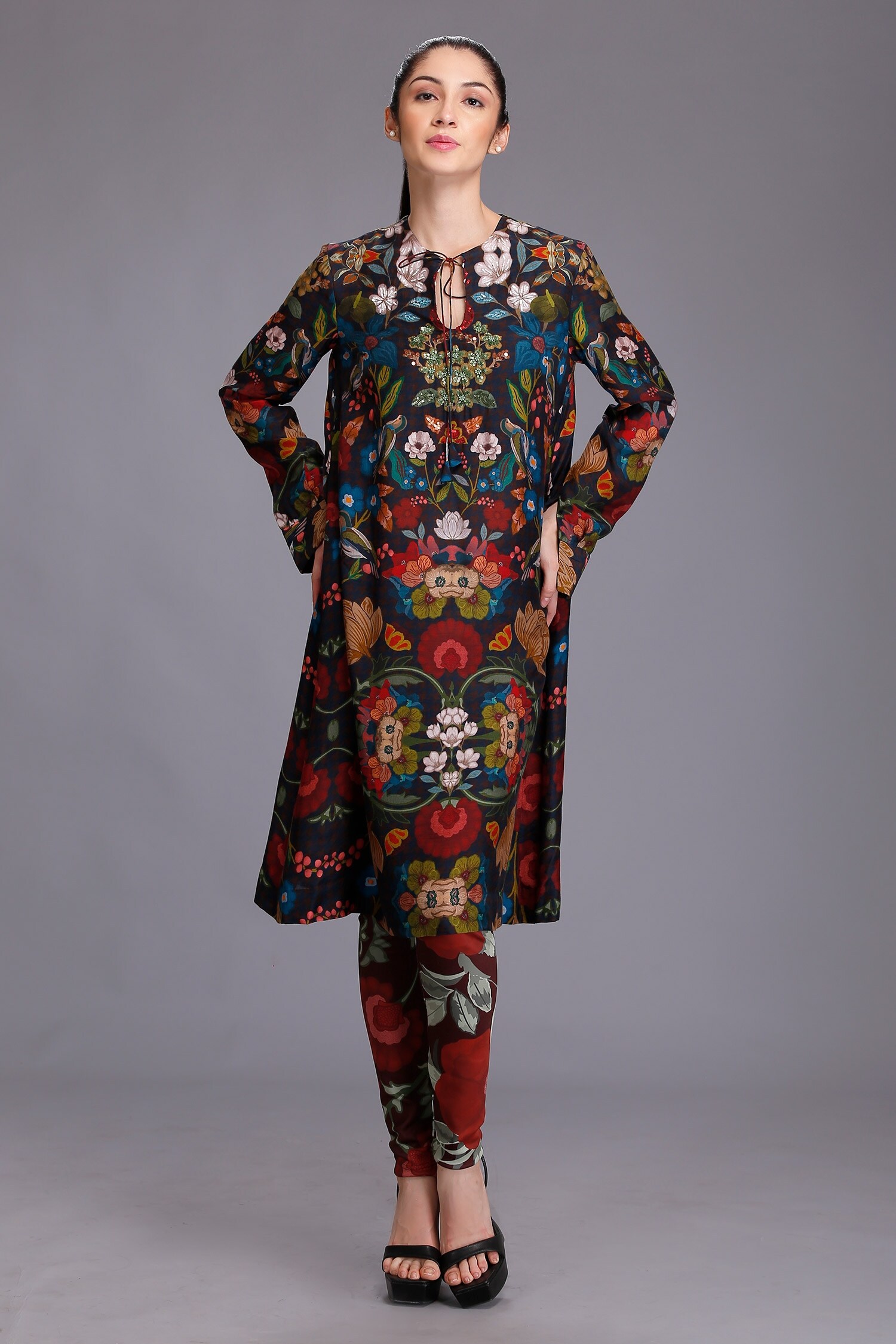 Buy Multi Color Cotton Silk Printed Floral Tie-up Kurta For Women by ...