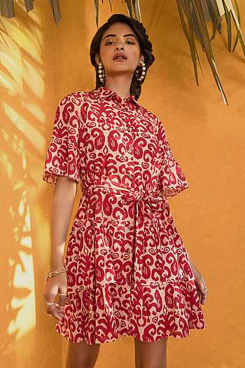 Buy House of Eda Red Printed Linen Shirt Dress Online | Aza Fashions