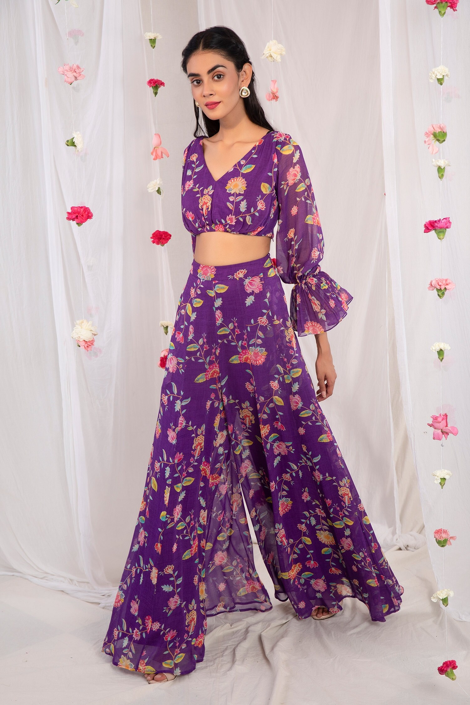 Buy Esha Koul Purple Georgette Floral Print Pant And Crop Top Set ...