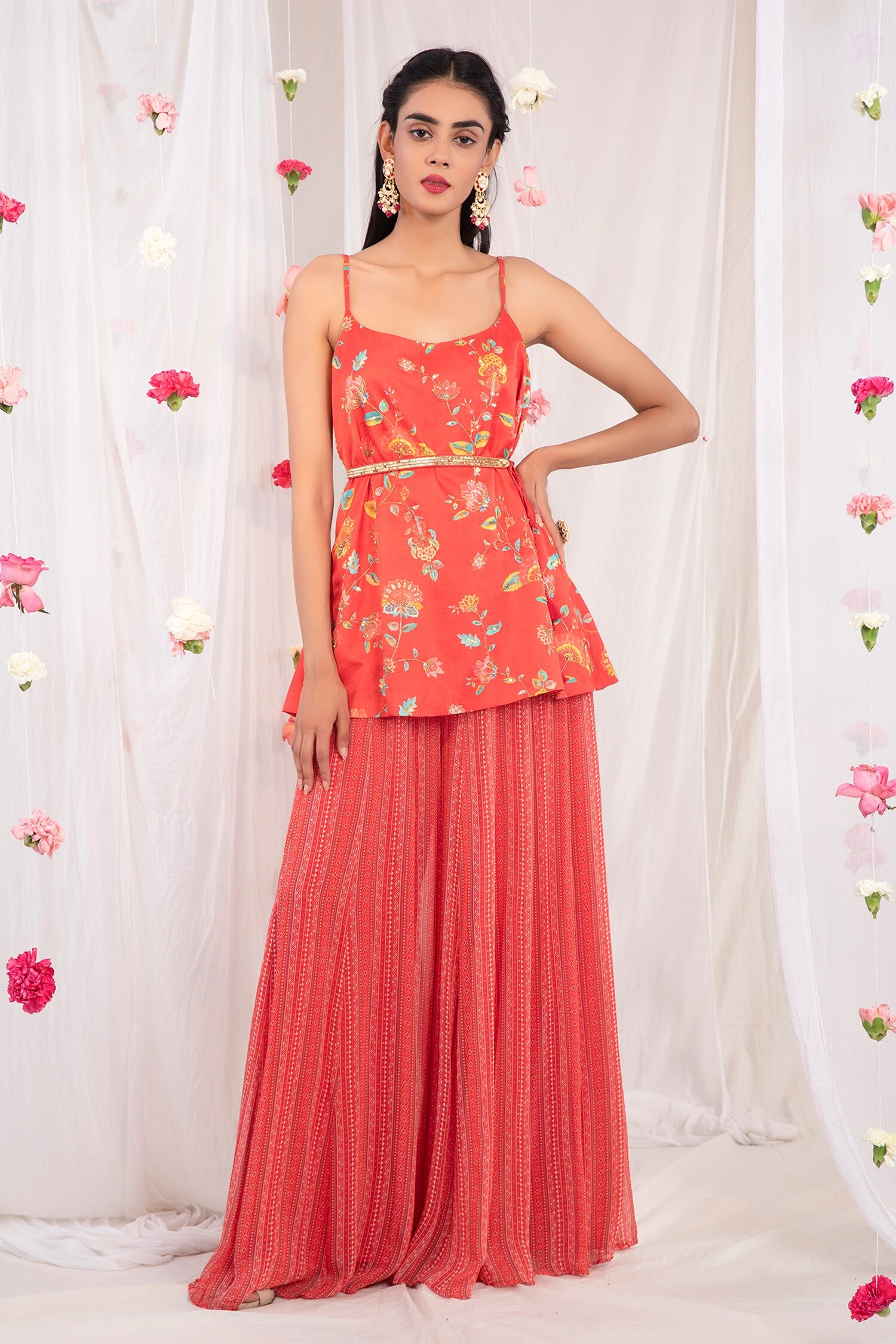 Buy Esha Koul Red Georgette Printed Spaghetti Top And Palazzo Set ...