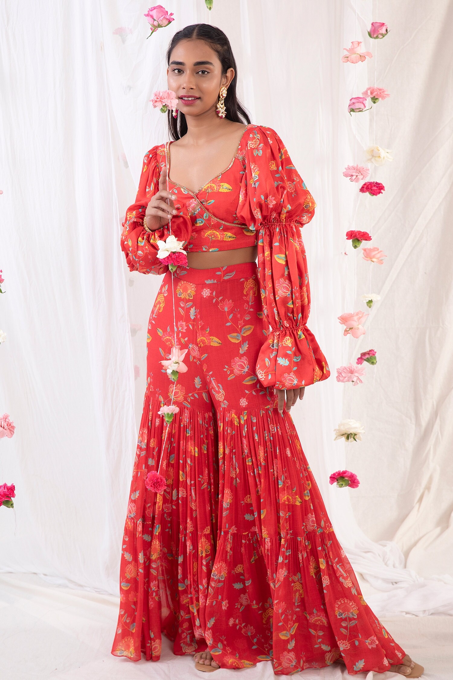 Buy Esha Koul Red Semi Crepe Floral Print Top And Sharara Set Online ...