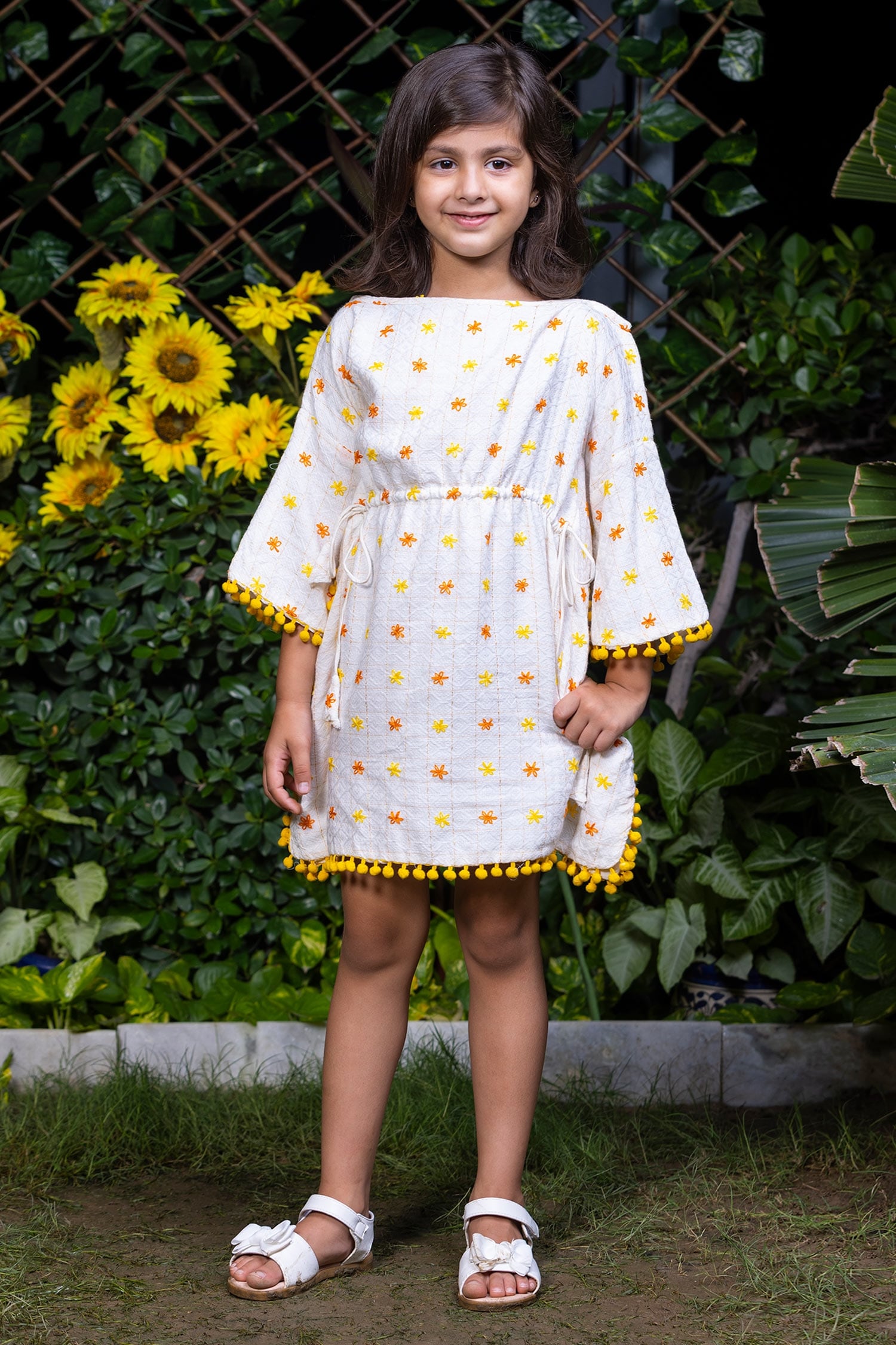 Buy Cream Soft Cotton Rayon Embroidered Thread Work Floral Kaftan Dress ...