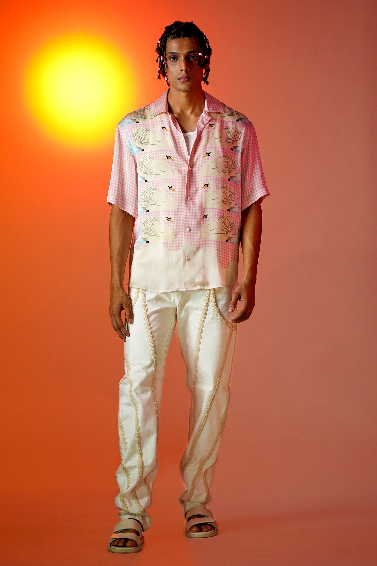 Buy Pink Modal Satin Swan And Gingham Off Shore Shirt For Men by Triune ...