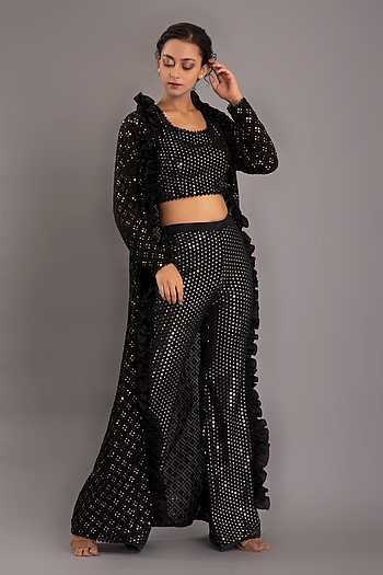 Buy Evra by Nikita Black Georgette Mirror Embellished Jacket And Pant ...