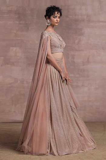 Buy Tarun Tahiliani Pink Foil Crinkle And Net Draped Blouse And Lehenga ...