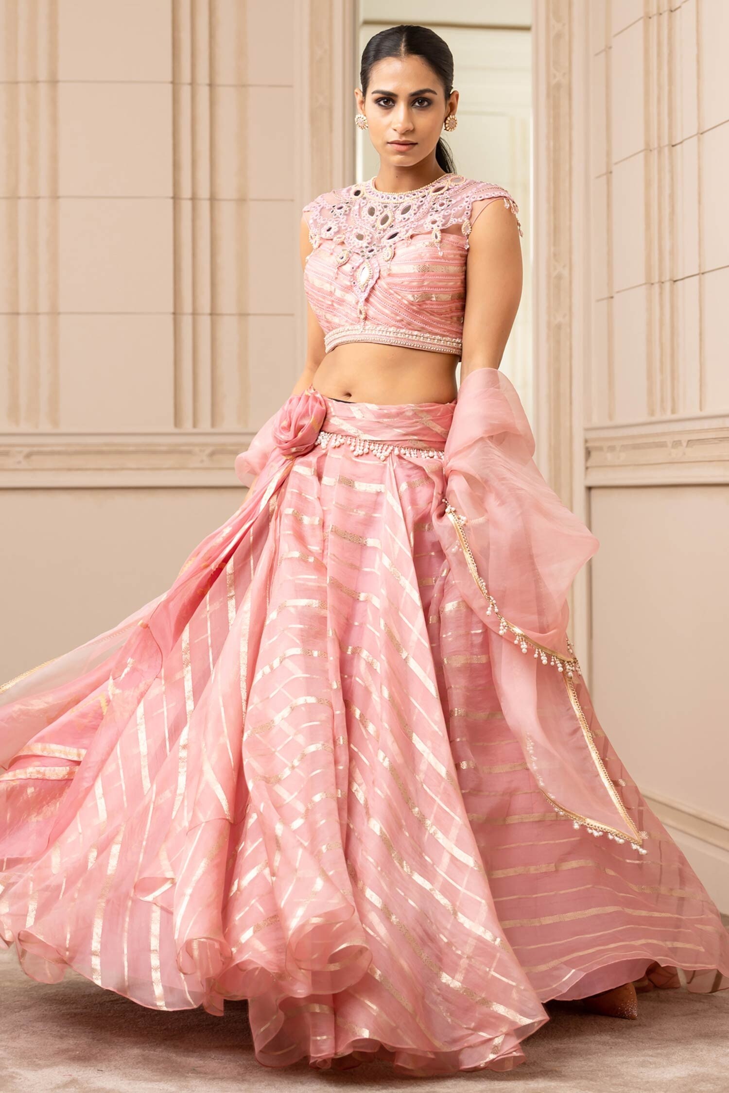 Buy Tarun Tahiliani Pink Silk Organza Brocade Stripes Cascade Draped ...
