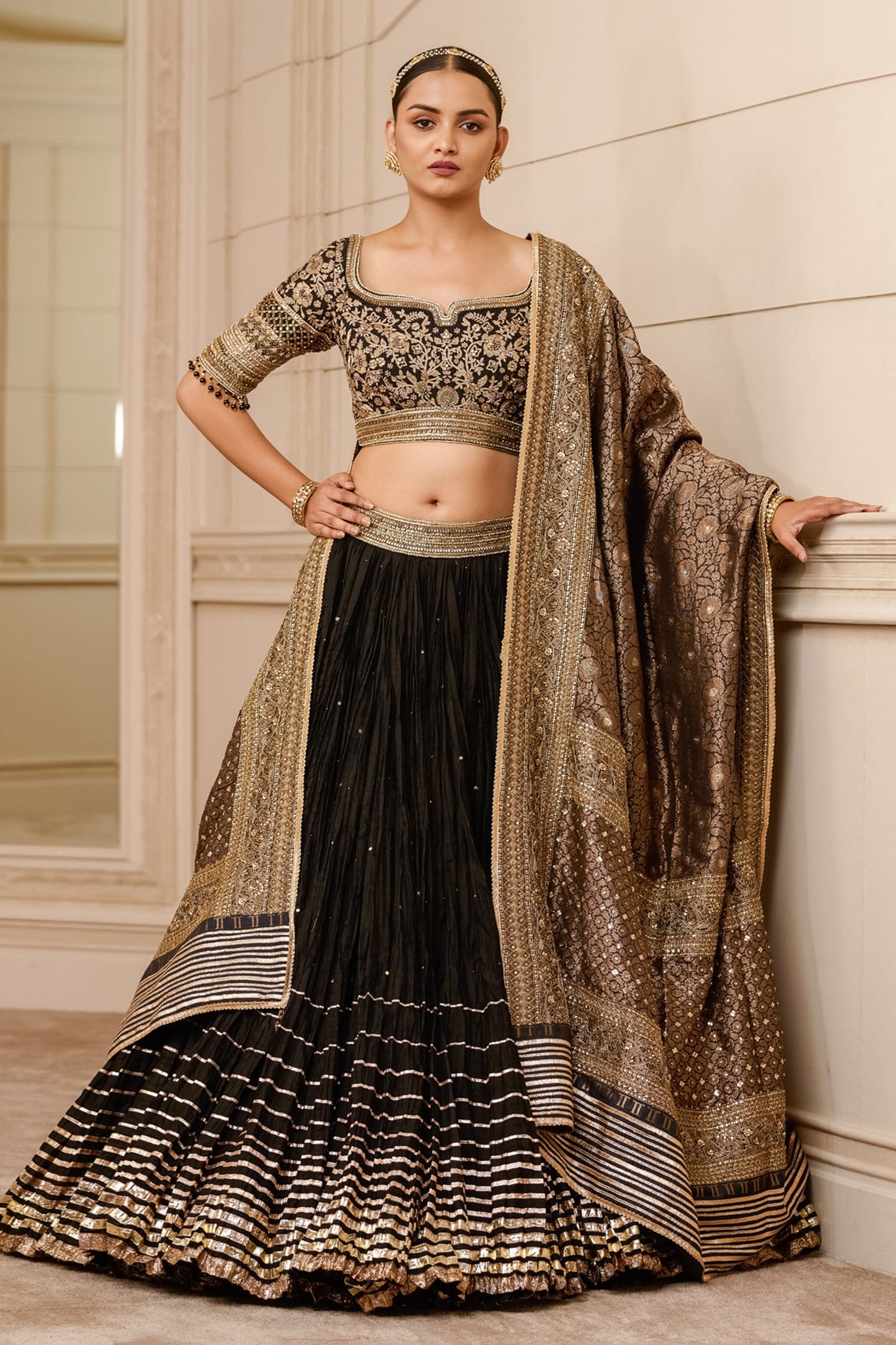 Buy Tarun Tahiliani Black Crushed Chanderi Lehenga Set Online | Aza ...