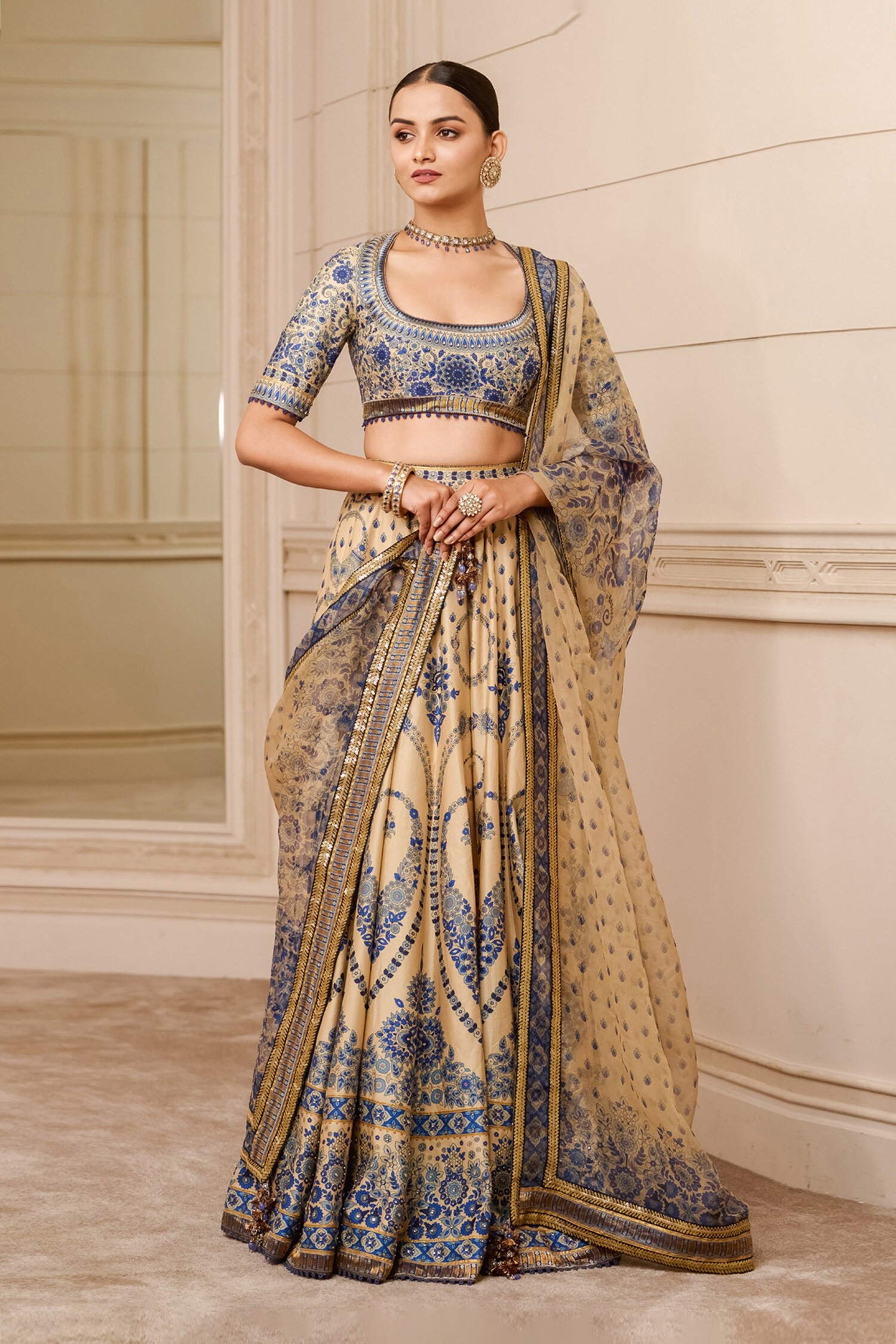 Buy Tarun Tahiliani Blue Chanderi Printed Lehenga Set Online | Aza Fashions