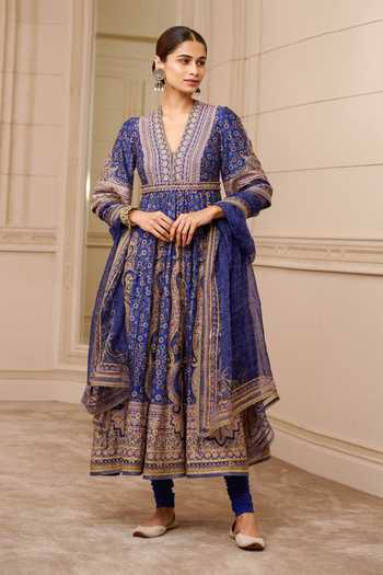 Buy Blue Churidar - Stretch Net Printed Floral Chanderi Kalidar Kurta ...