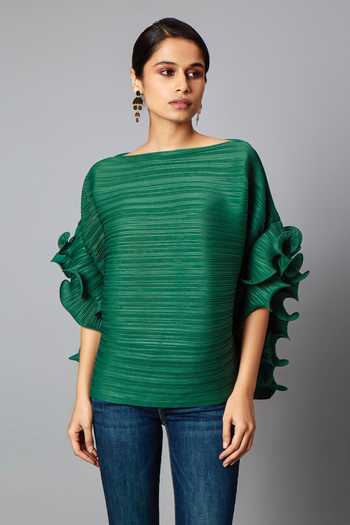 Buy Scarlet Sage Green Pleated Ruffle Top Online | Aza Fashions