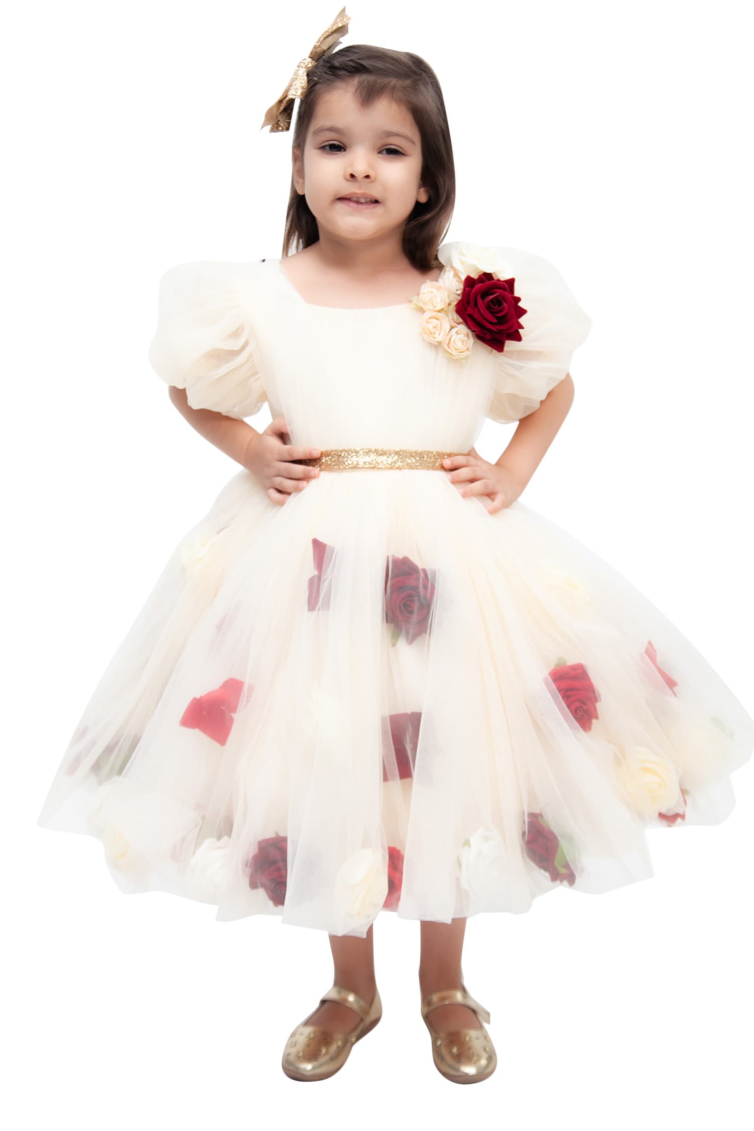 Buy FAYON KIDS Beige Applique Flared Dress For Girls Online | Aza Fashions