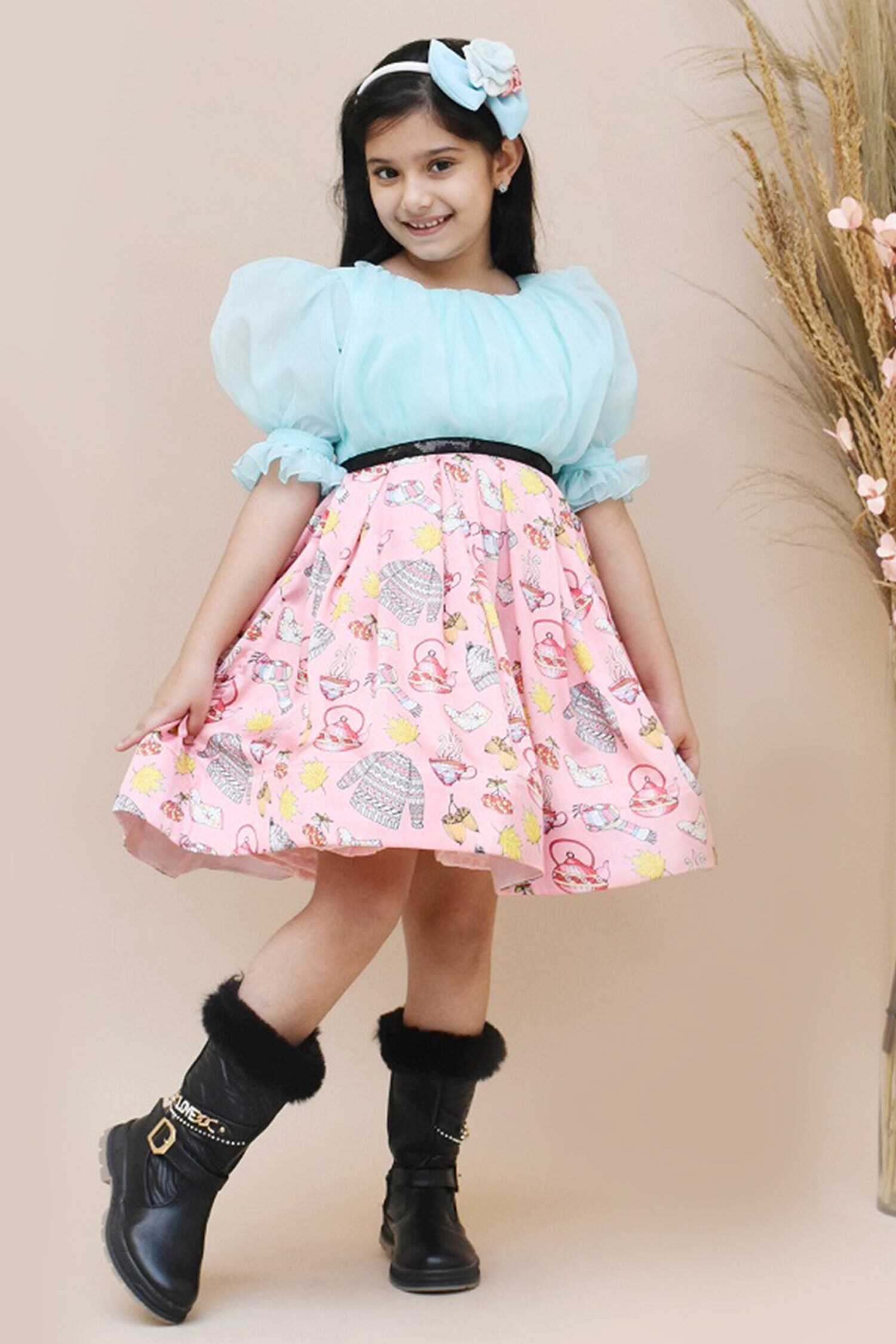 Buy Fayon Kids Blue Organza Satin Printed Dress For Girls Online | Aza ...