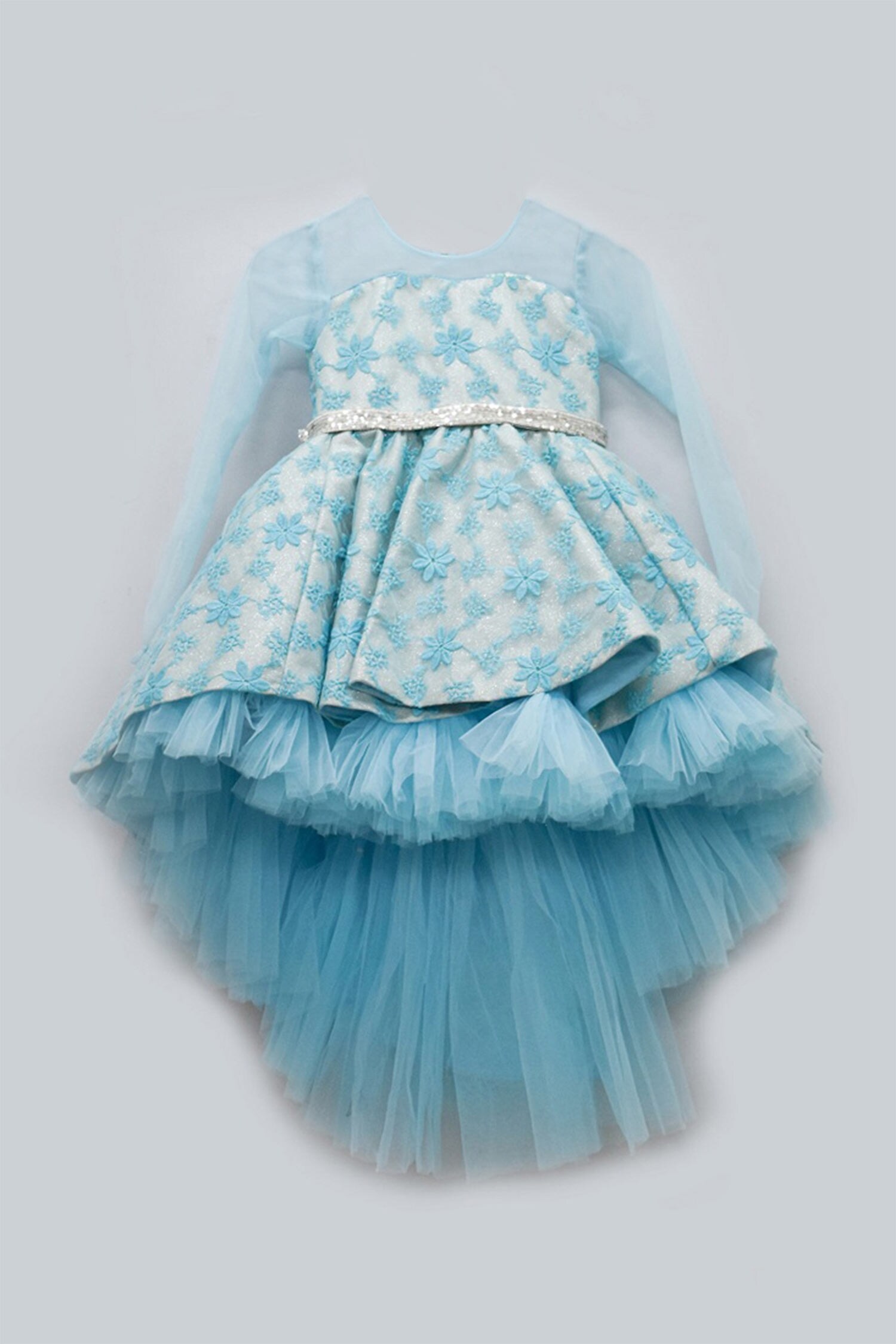 Buy Blue Organza Embroidered Floral High Low Dress For Girls by FAYON ...