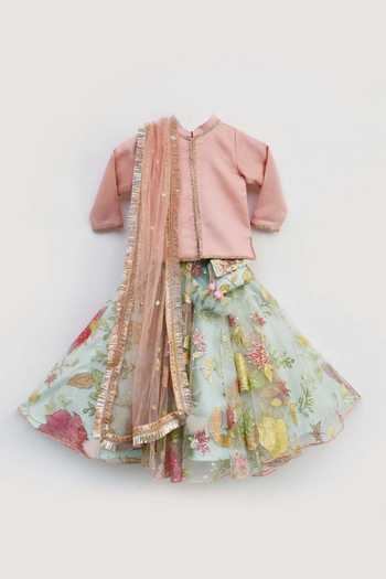 Buy Blue Top Cotton Silk Printed Floral Embroidered Jacket And Lehenga ...