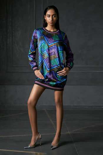 Buy Blue Mashru Print Stripe Round Zing Bomber Dress For Women by ...