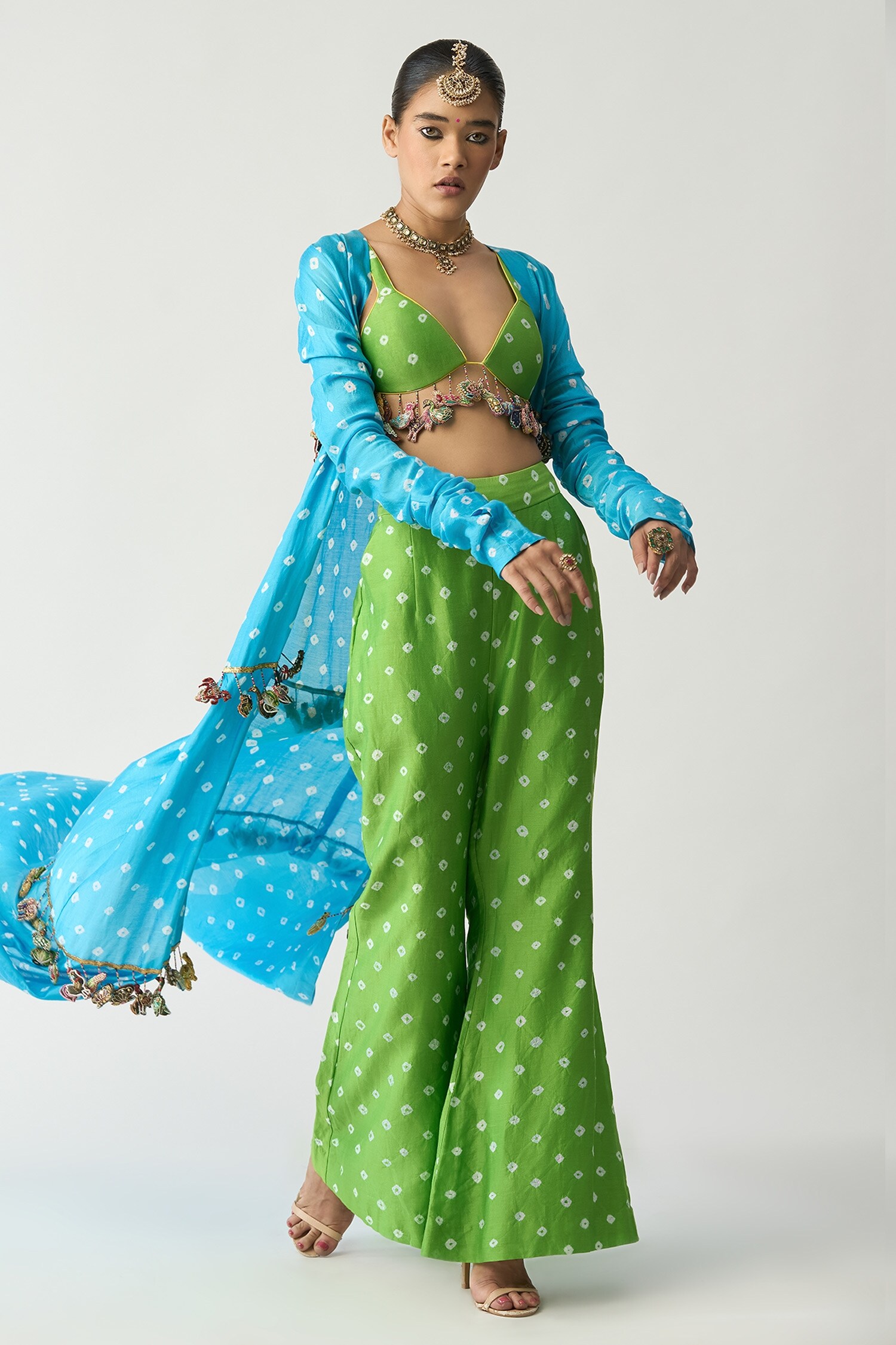 Buy Blue Silk Chanderi Bandhani Cape Open Jal Pari And Palazzo Set For ...