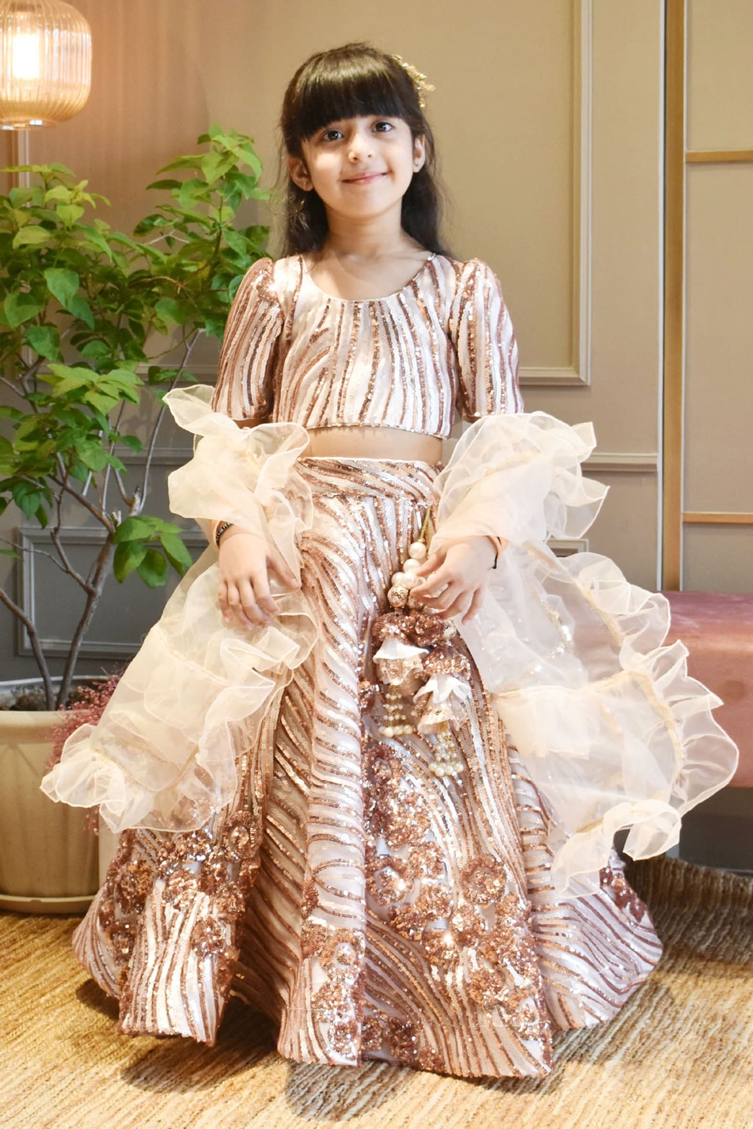 Buy Peach Net Embroidered Sequin Work Lehenga Set For Girls by FAYON ...