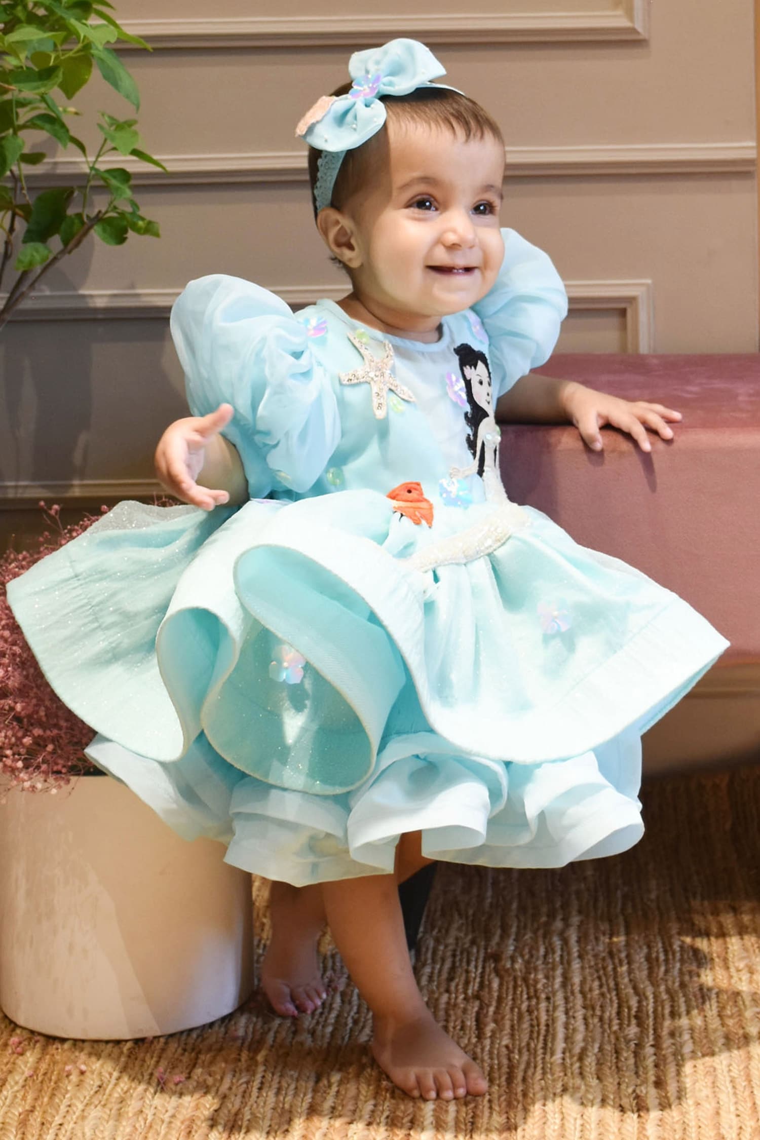 Buy Blue Organza Embroidery Starfish Sequin Dress For Girls by FAYON ...