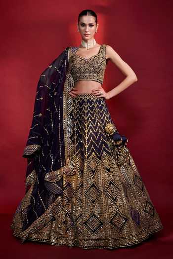 Buy Blue Lehenga And Blouse: Organza; Dupatta: Net Embroidery Leaf Neck ...