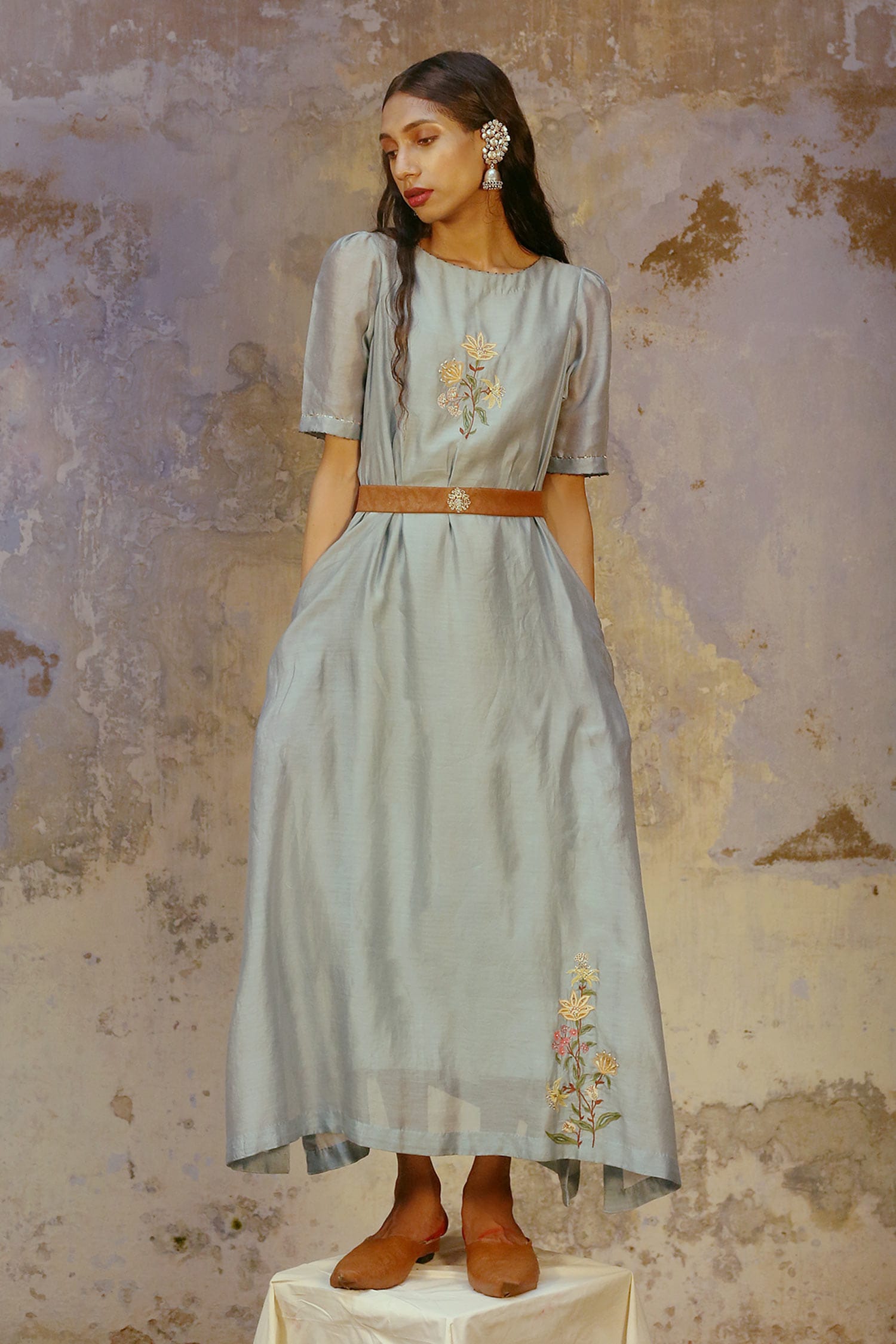 Buy Blue Silk Chanderi Round Embroidered Dress For Women by Chokhi ...