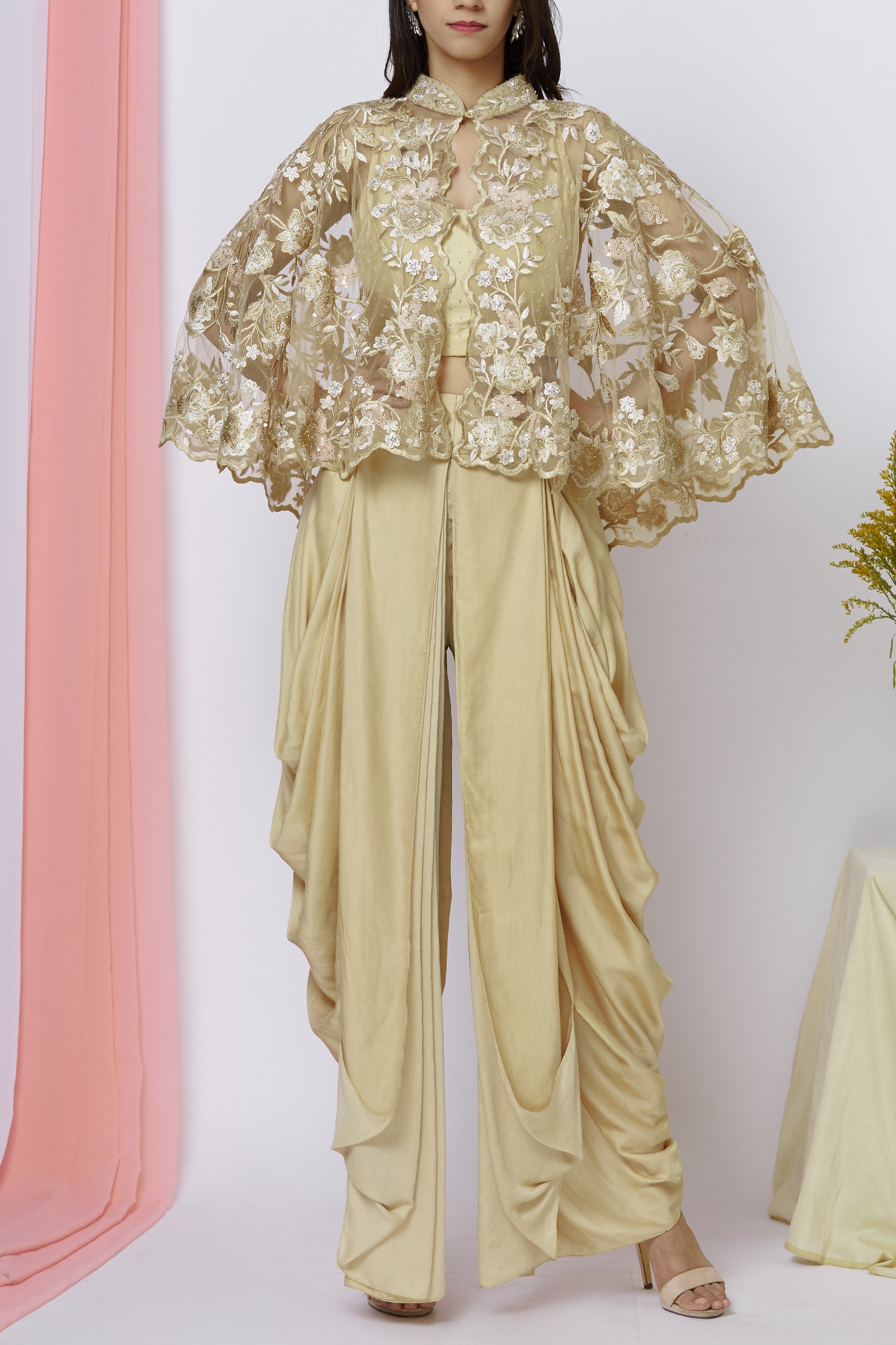 Buy Ariyana Couture Gold Modal Satin Embroidered Cape Dhoti Pant Set ...