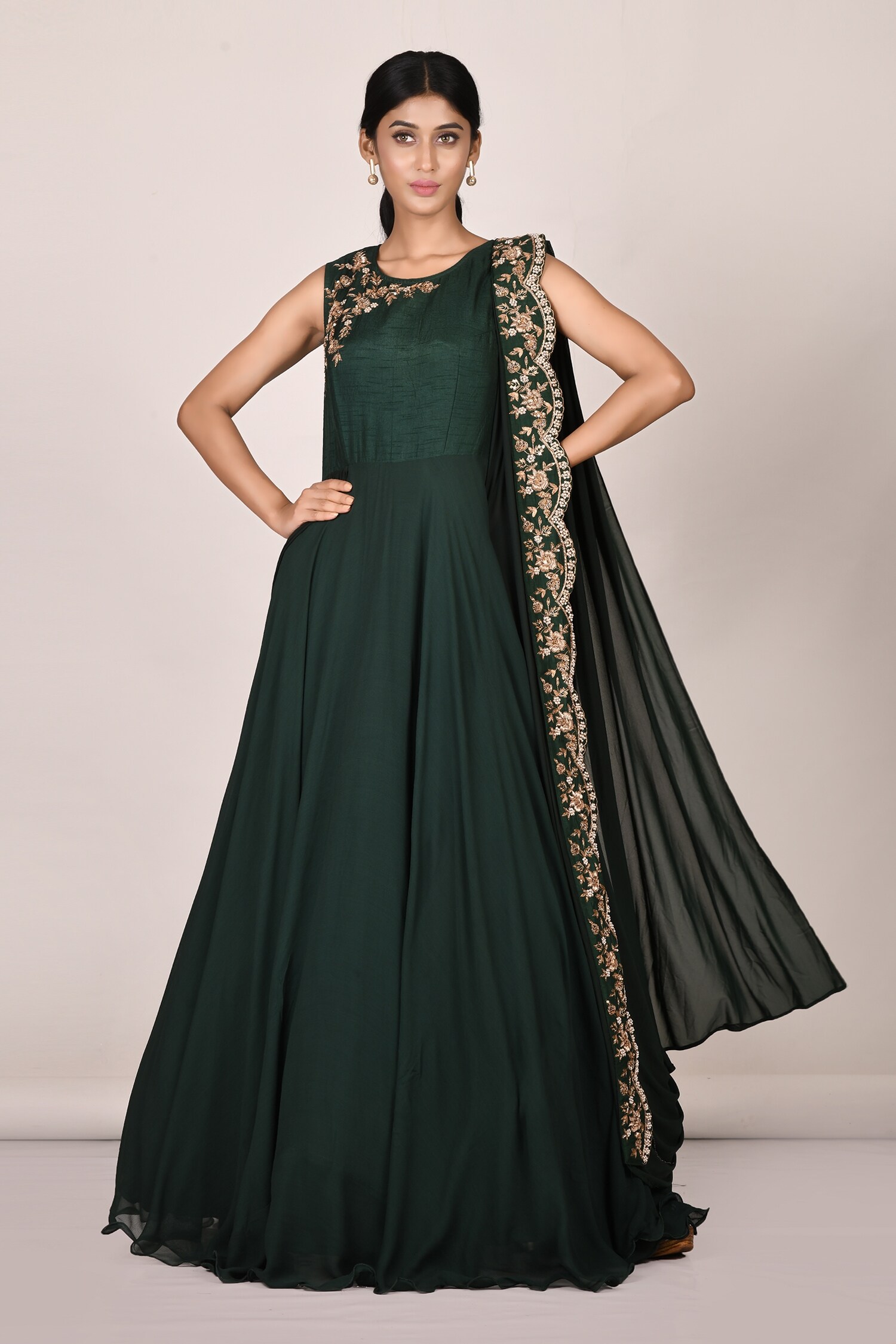 Buy Green Dola Silk Embellished Floral Motifs Round Draped Tunic For ...