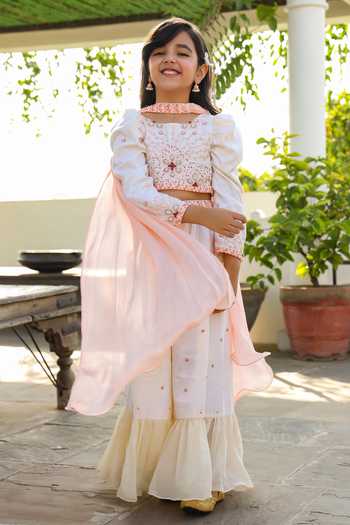 Buy White Vegan Silk Hera Embroidered Sharara Set For Girls by ...
