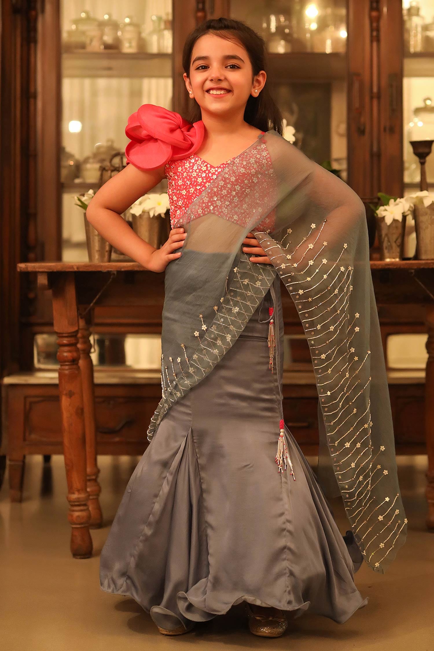 Buy Grey German Satin Masarrat Pre-draped Saree Set For Girls by ...