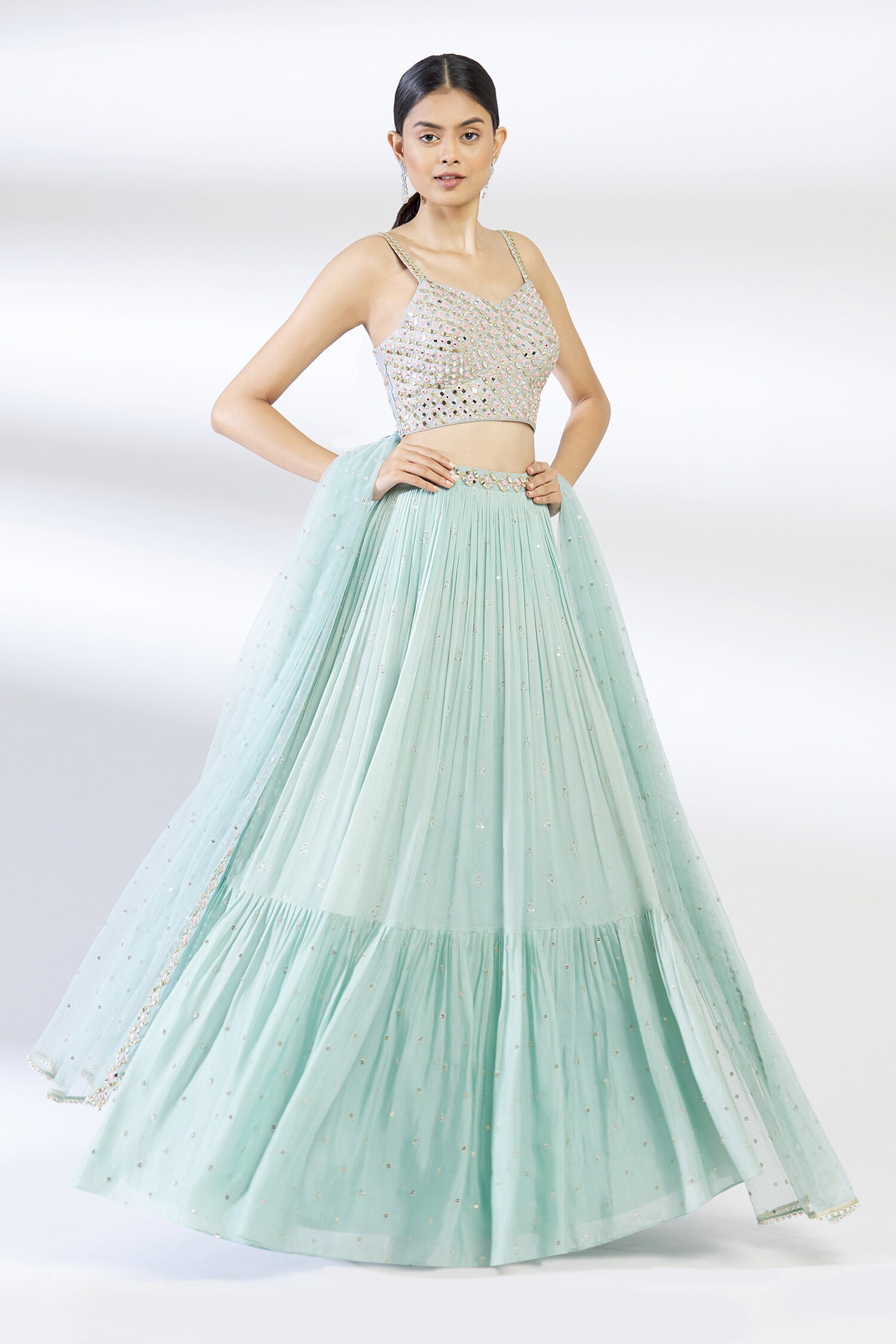 Buy Chamee and Palak Green Blended Georgette Embroidered Silk Lehenga ...