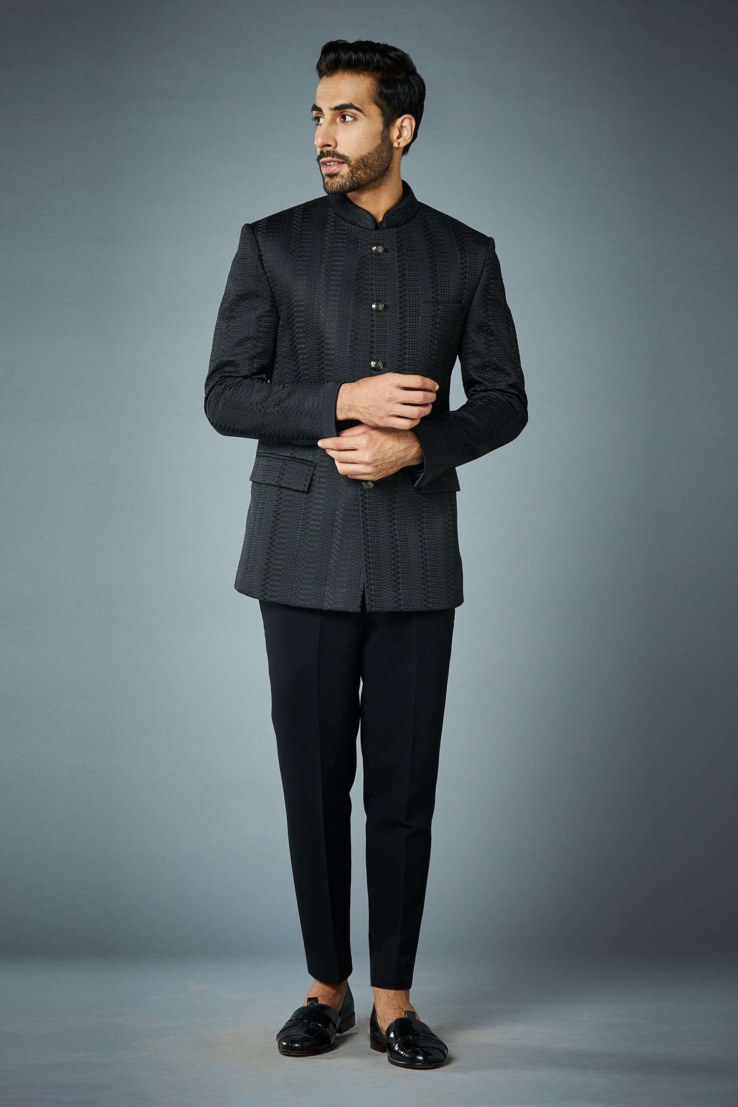 Buy Gargee Designers Black Polyester Rail Embroidered Bandhgala Set ...