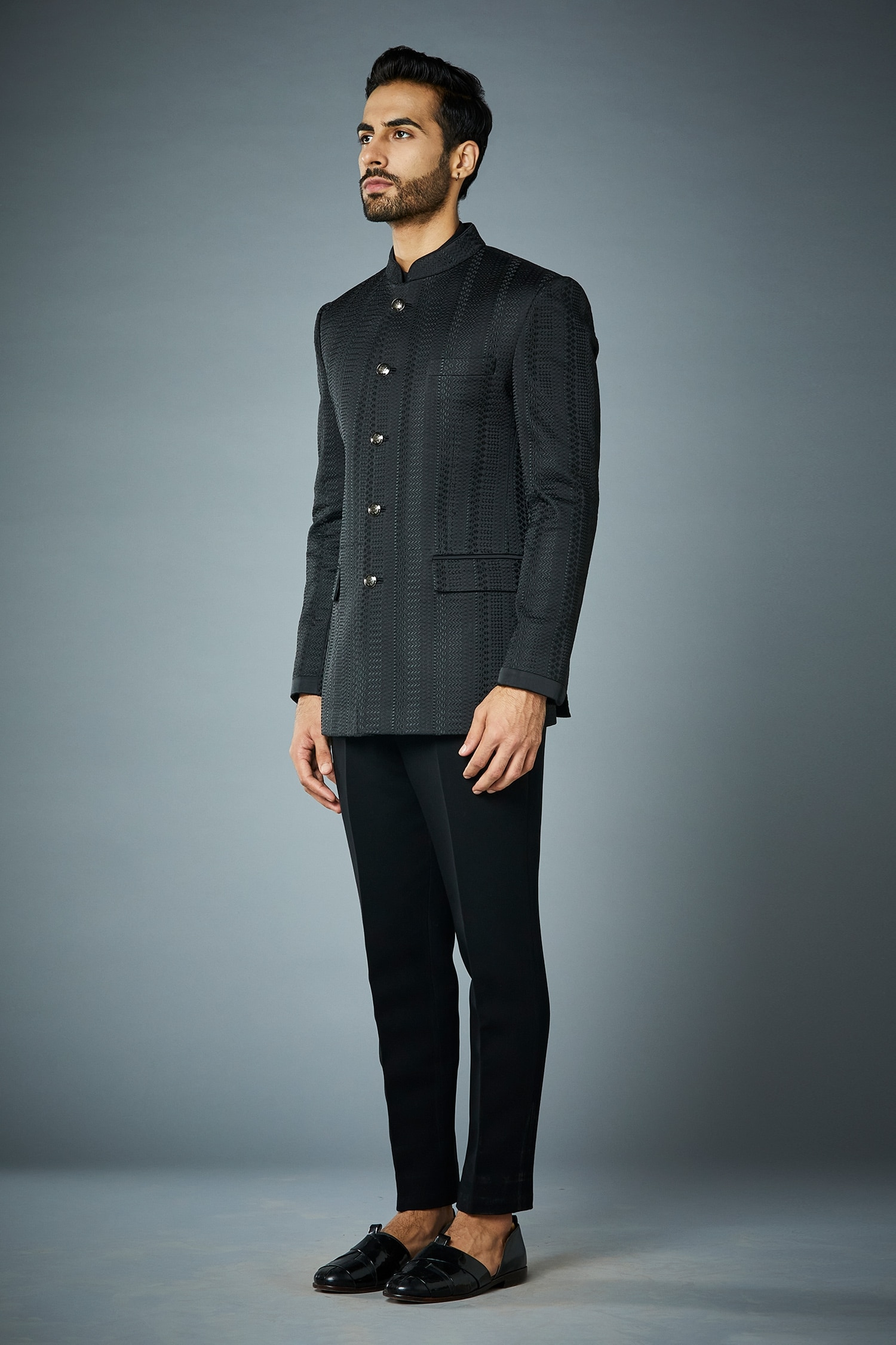 Buy Gargee Designers Black Polyester Rail Embroidered Bandhgala Set ...