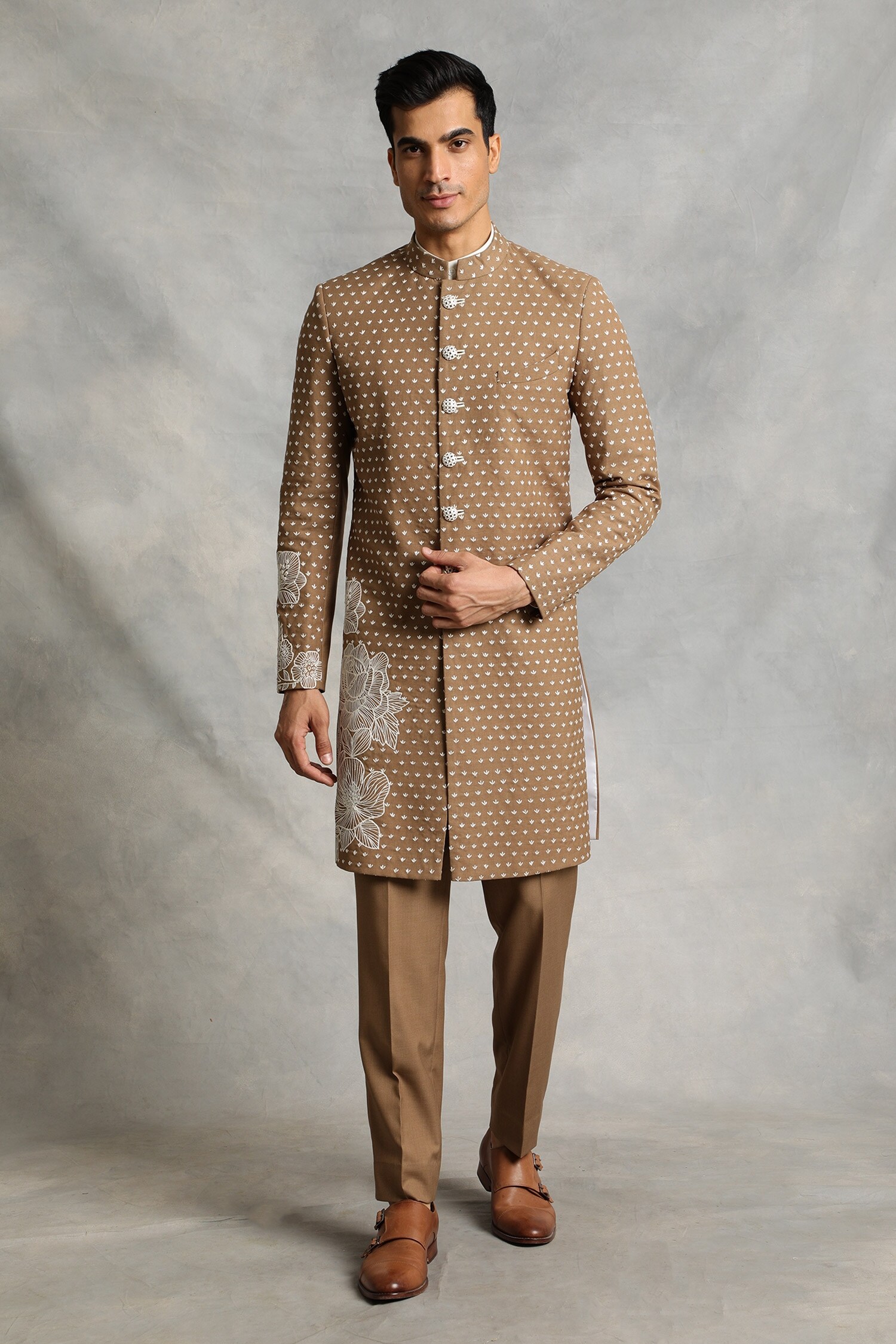 Buy Gargee Designers Beige Floral Embroidered Sherwani Set Online | Aza ...