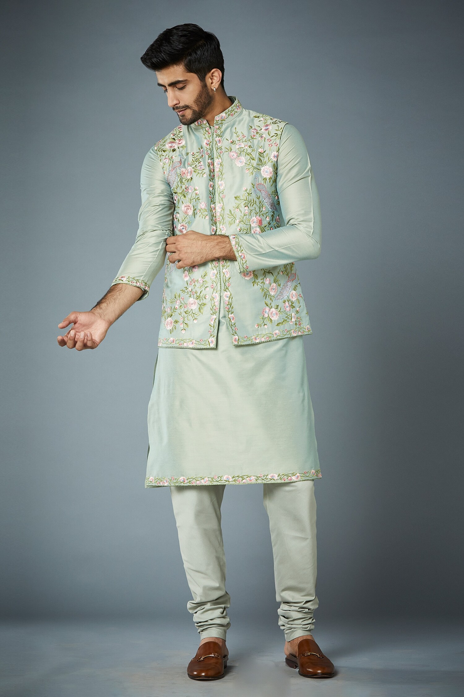 Buy Green Jacket : Cotton Silk Embroidery Fauna Bundi And Kurta Set For ...