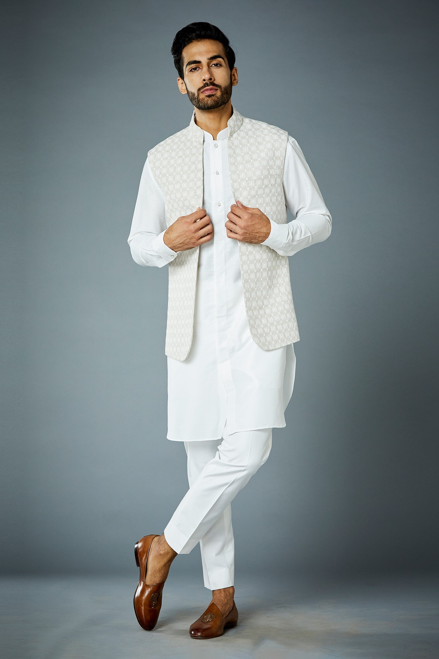 Buy Beige Bundi: Linen Embroidered Natural Brick Motif Thread And Kurta ...