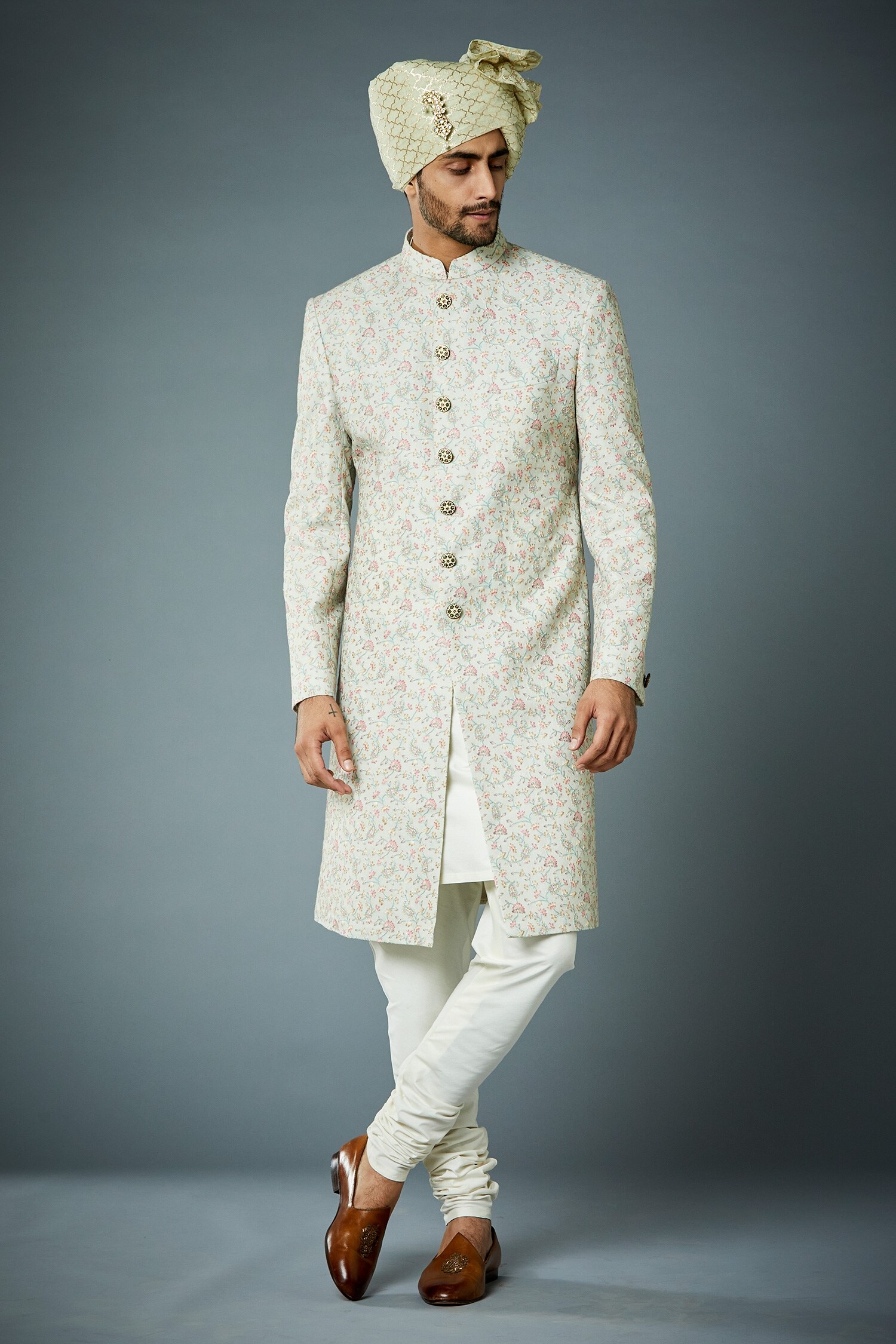 Buy Green Sherwani: Poly Viscose Embroidered And Printed Floral Motif ...