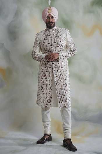 Buy Gargee Designers White Raw Silk Floral Embroidered Sherwani Set ...