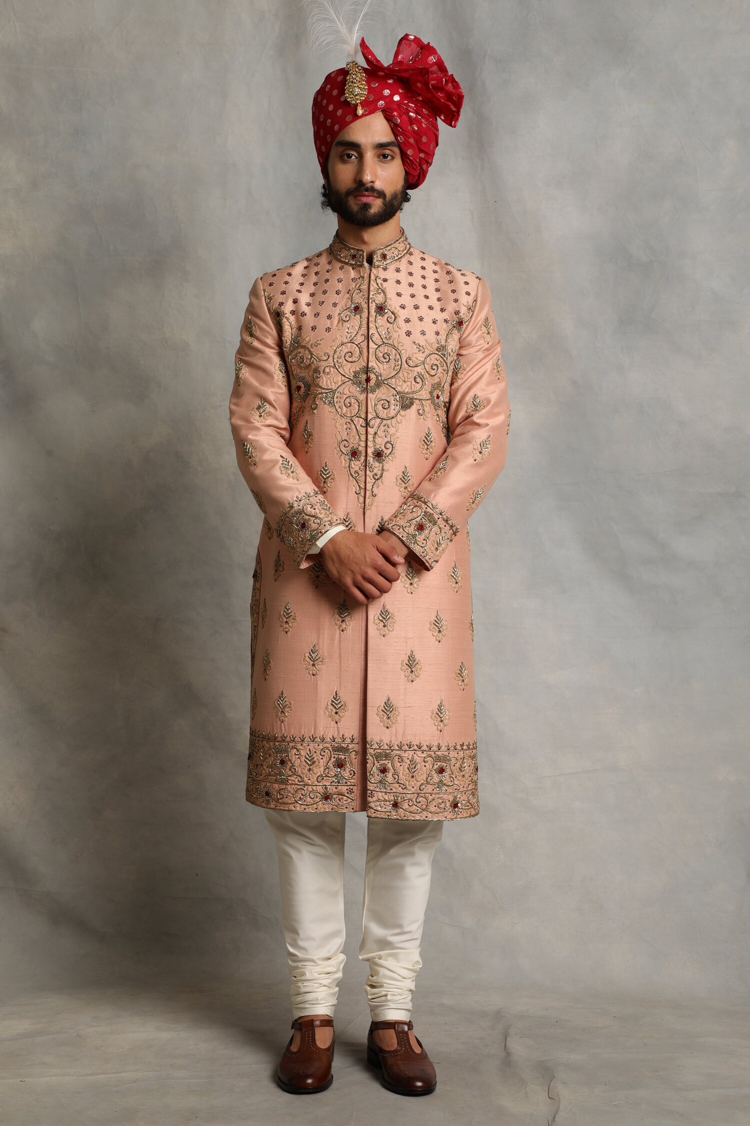Buy Peach Raw Silk Embroidered Floral Sherwani Set For Men by Gargee ...
